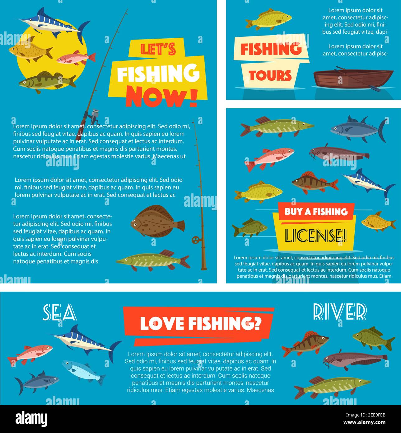 Fishing sport poster template with sea and river fish. Fishing boat ...