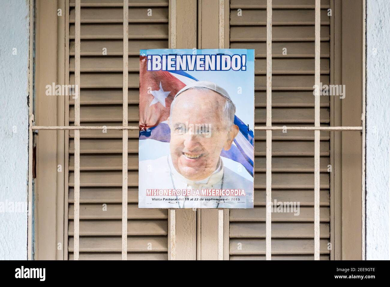 Pope Francis poster on window, during the days of his visit to Cuba ...