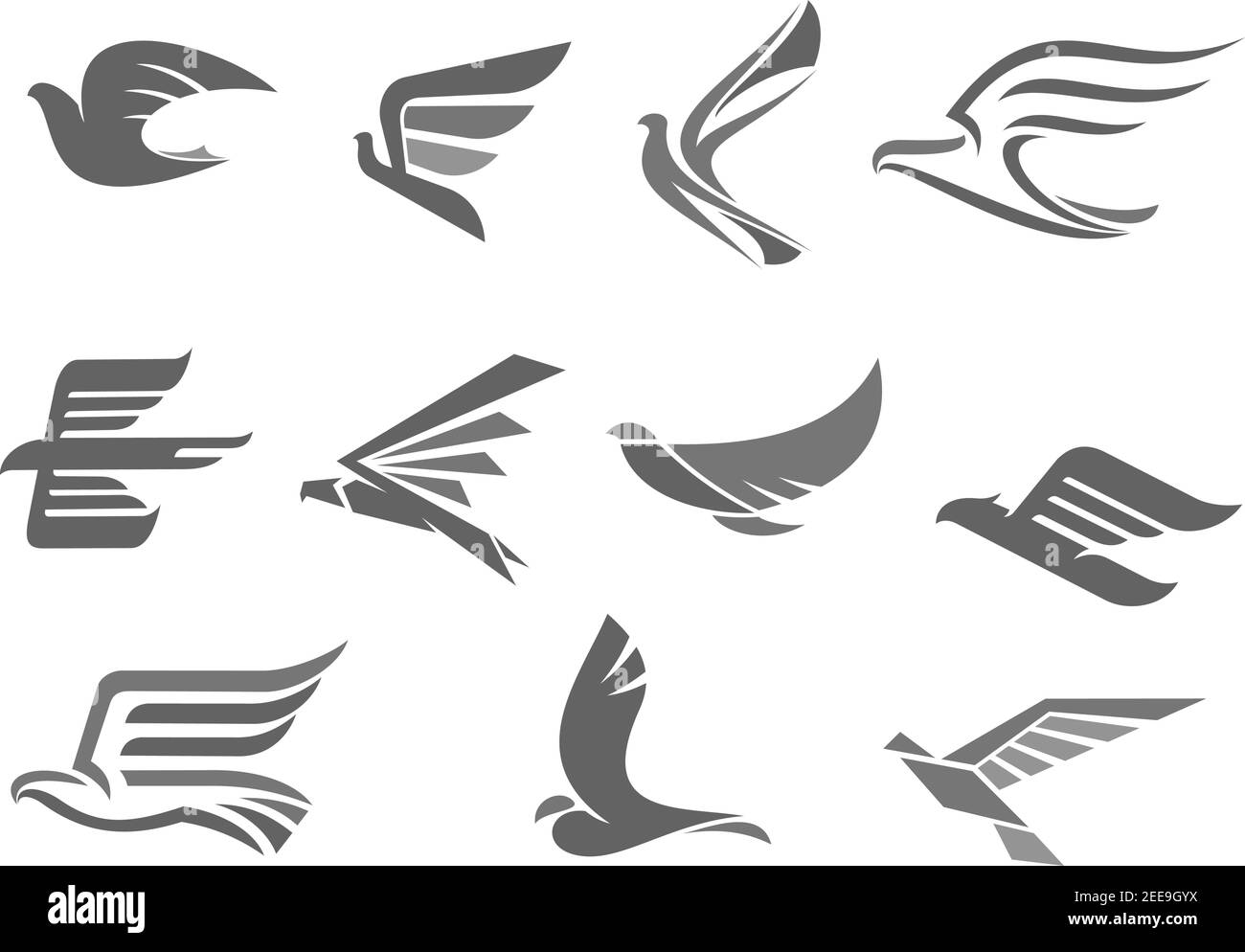 Bird with spread wings or birds flying vector icons set. Isolated ...
