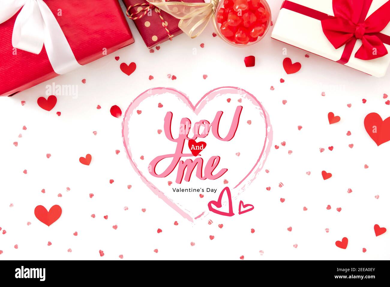 You and me Valentine's day greeting text on red heart shape pattern ...