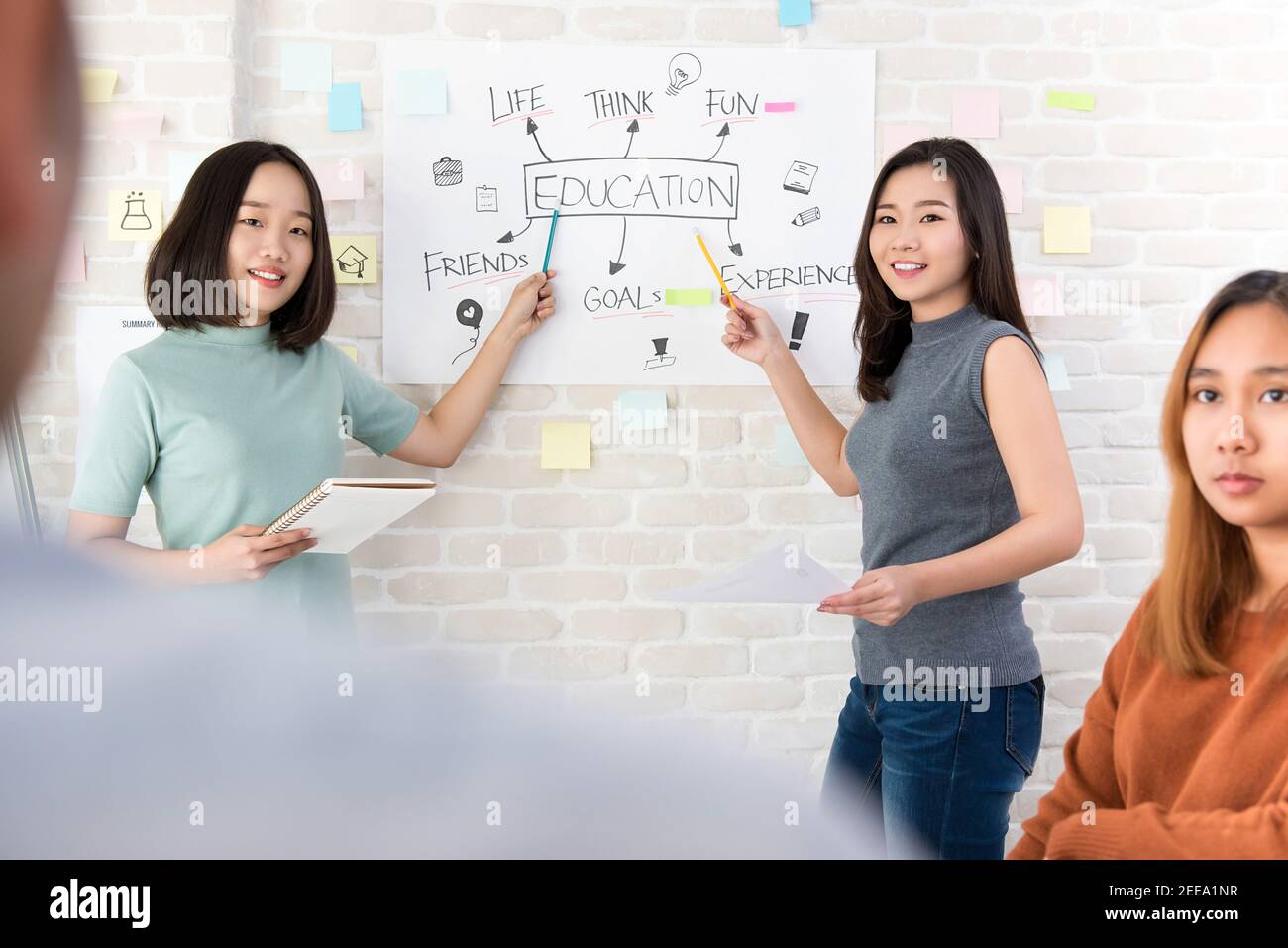 Young oversea Asian female college students presenting project in front ...