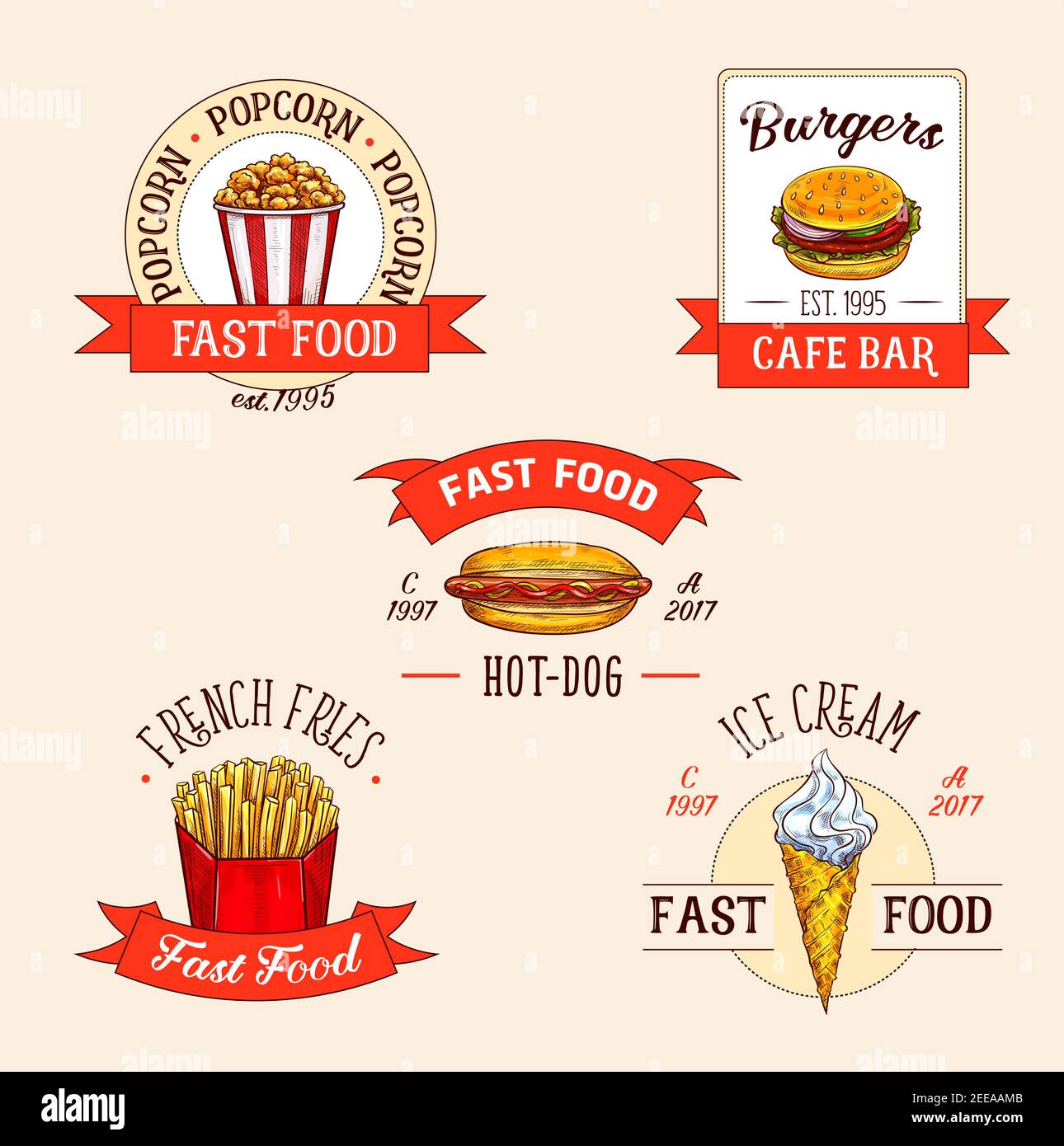 Fast food restaurant vector icons set. Isolated symbols of popcorn ...