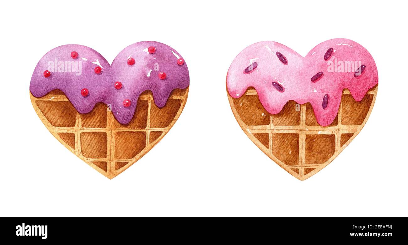 Valentine's day watercolor set with heart shaped desserts. Belgian ...