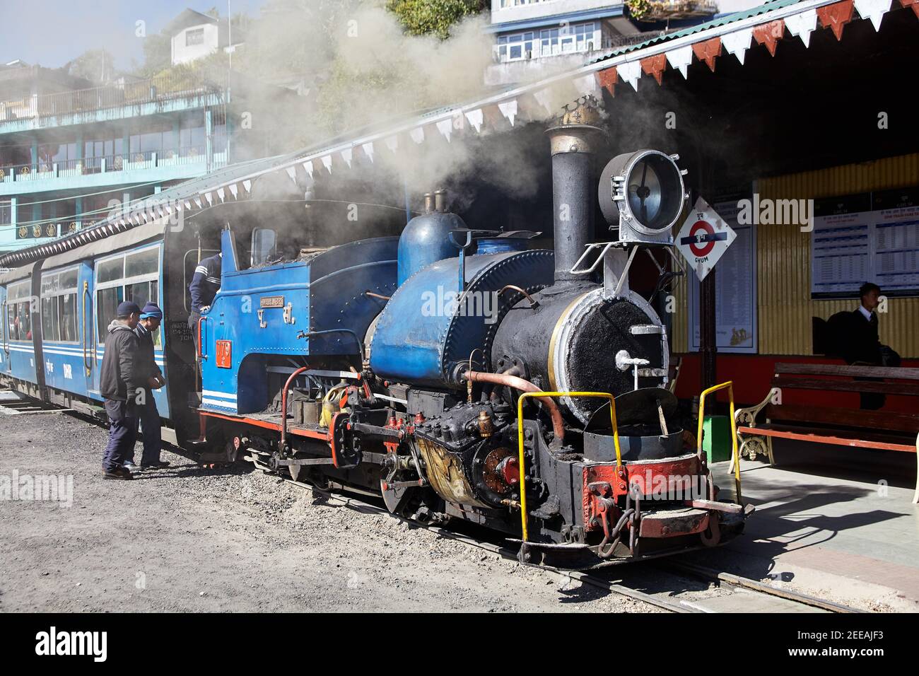 Old steam locomotive and train at Ghum (Ghoom), the highest station on ...
