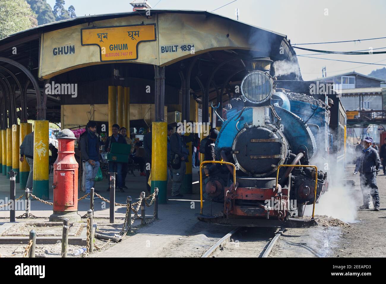 Old steam locomotive and train at Ghum (Ghoom), the highest station on ...