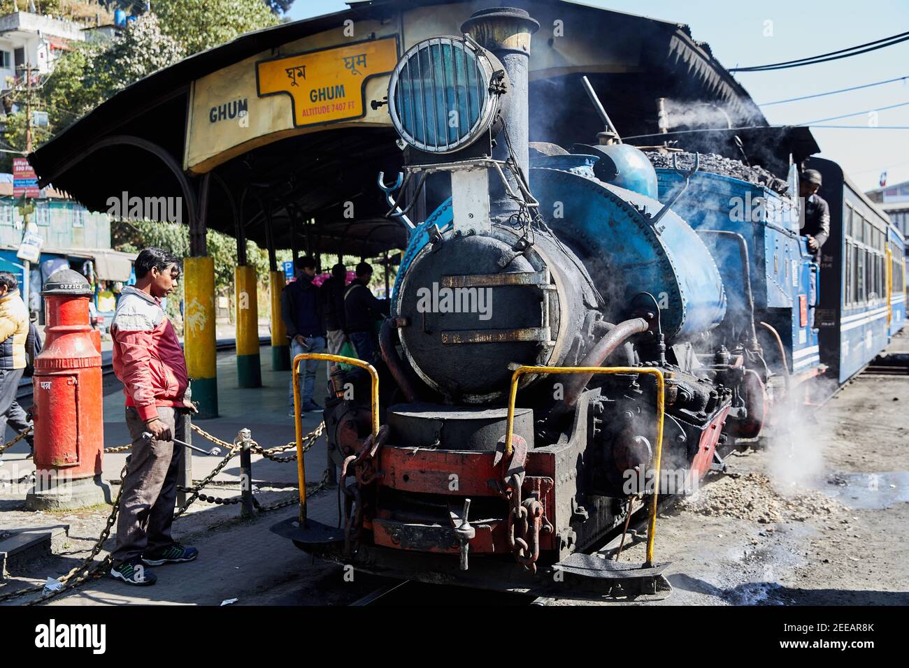 Old steam locomotive and train at Ghum (Ghoom), the highest station on ...