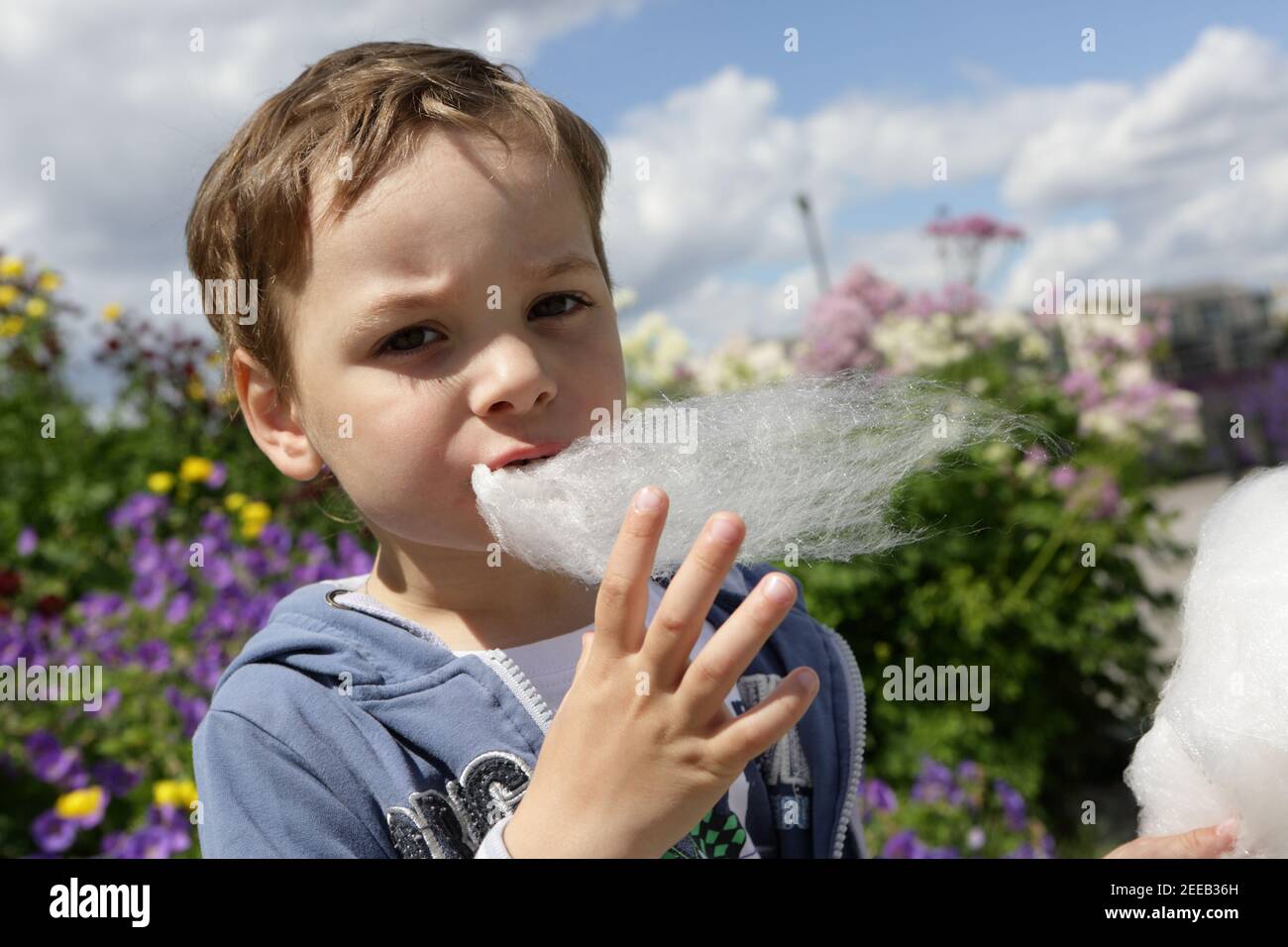 Kid eating fairy floss in the park Stock Photo - Alamy