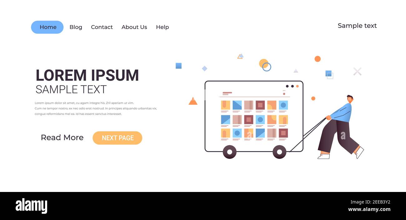 young man pulling web browser window with computer applications ...