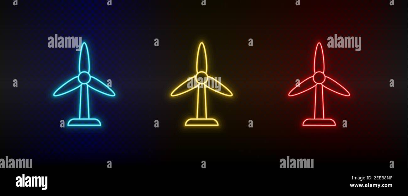 Neon icon set wind, energy, eco. Set of red, blue, yellow neon vector ...