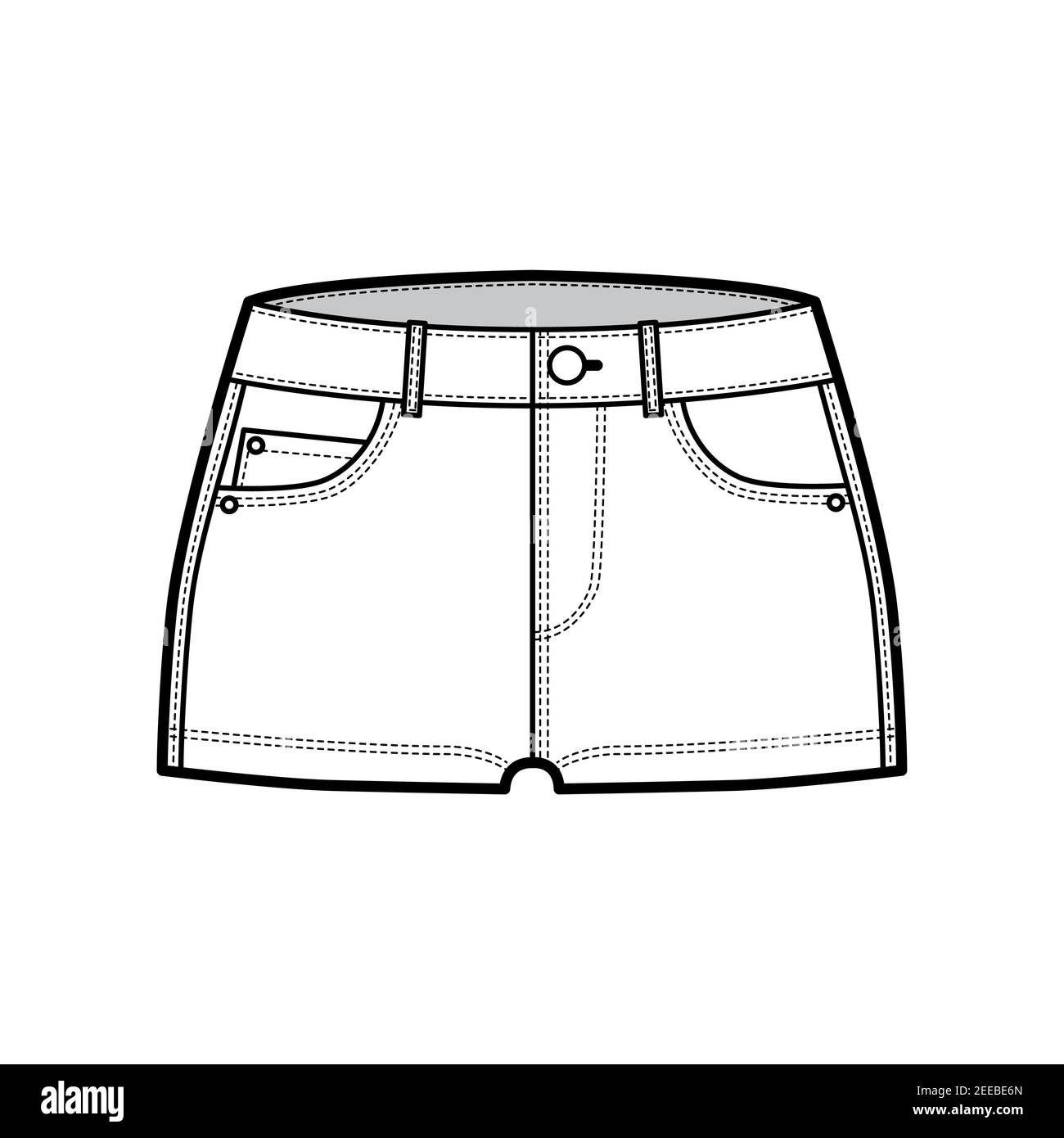 Denim hot short technical fashion illustration with micro length ...