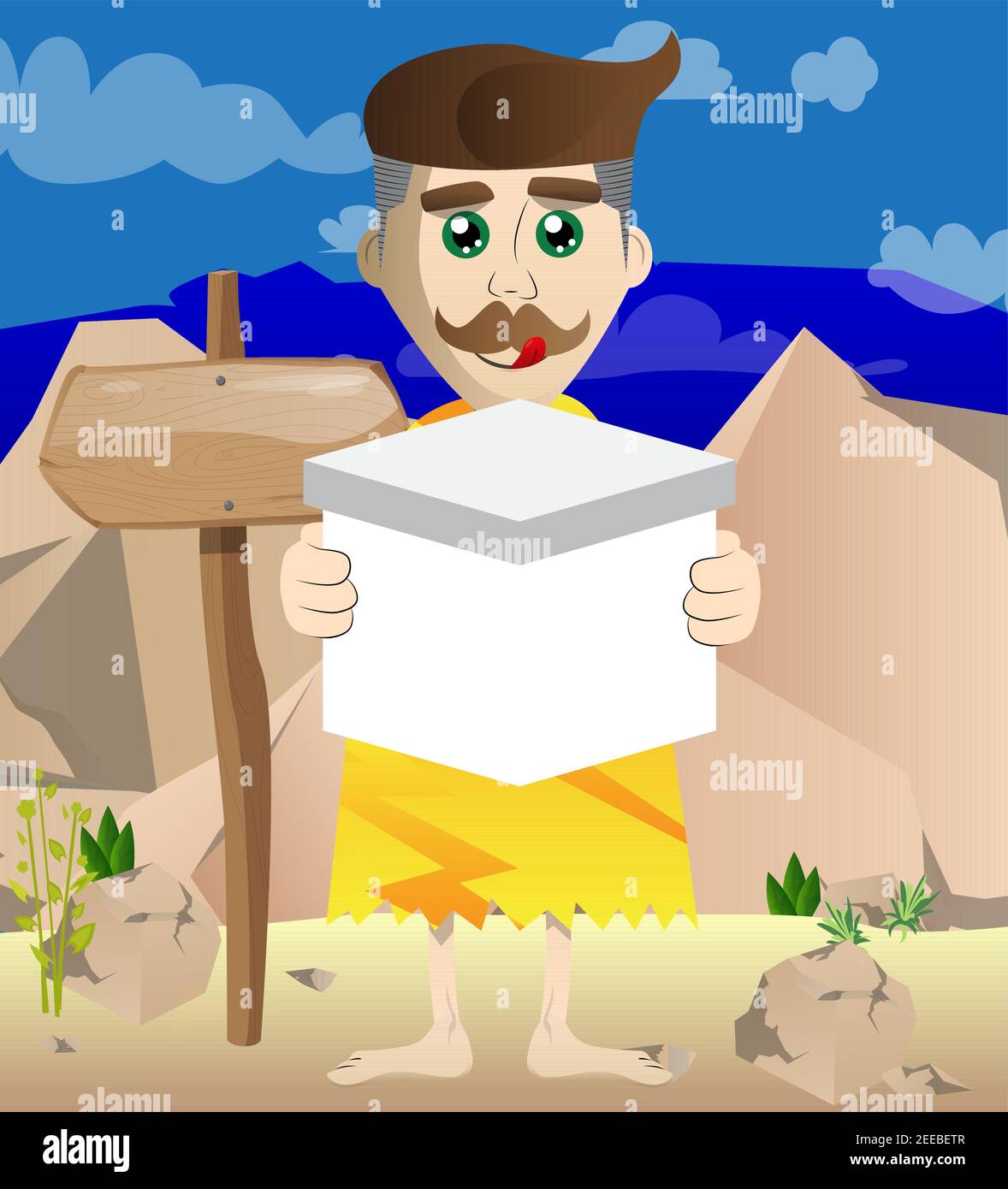 Cartoon prehistoric man holding white box. Vector illustration of a man ...