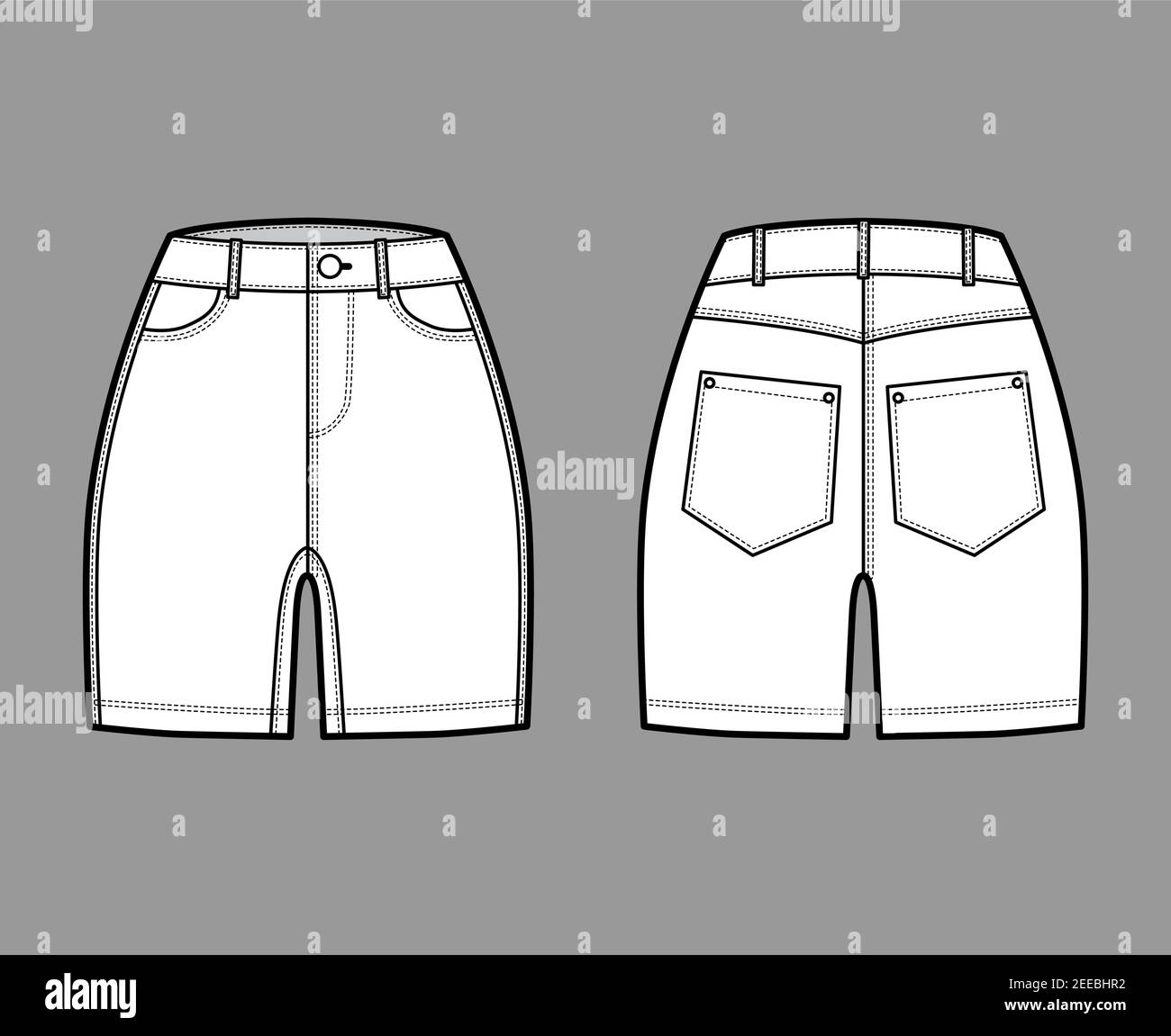 Denim short pants technical fashion illustration with mid-thigh length ...