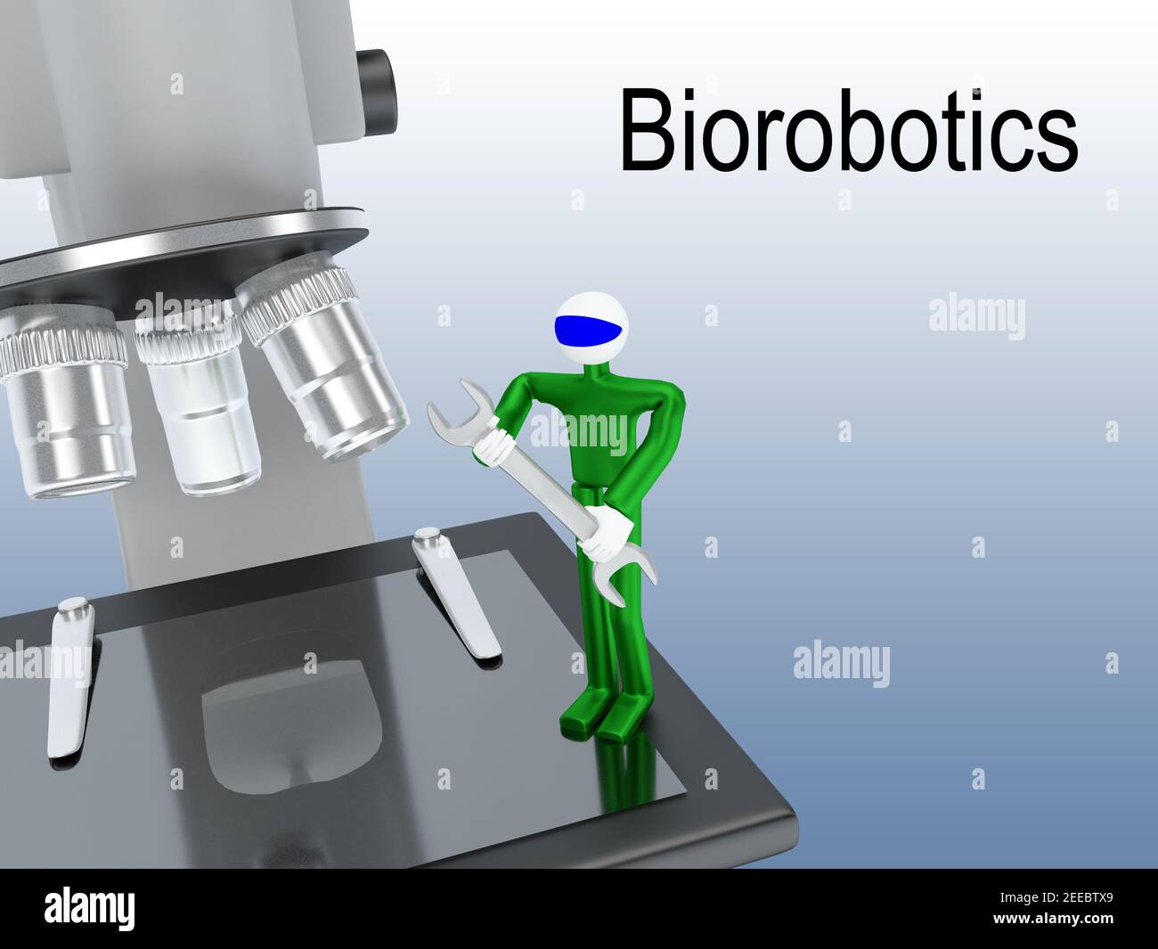 3D illustration of a microscope with a green robot and Biorobotics ...
