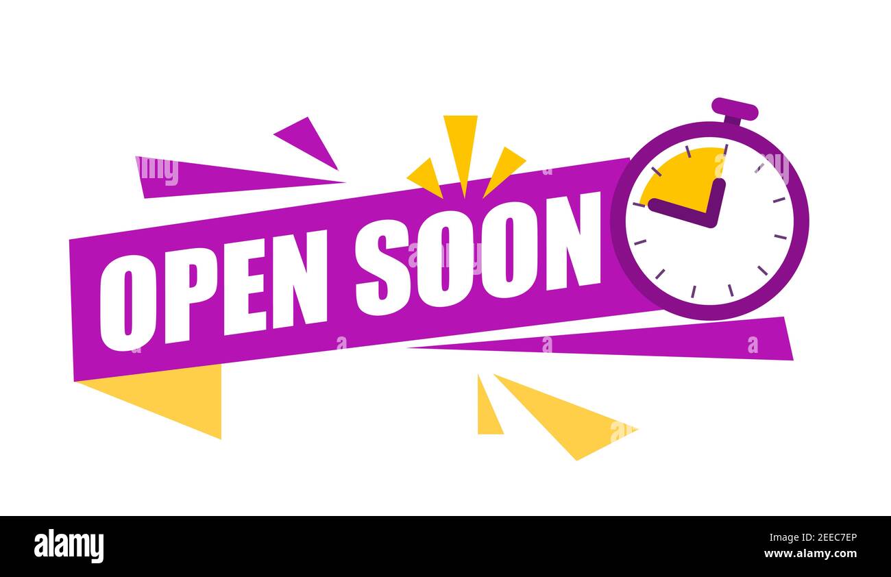 Open soon Red Speech bubble announcement. Label with alarm clock ...