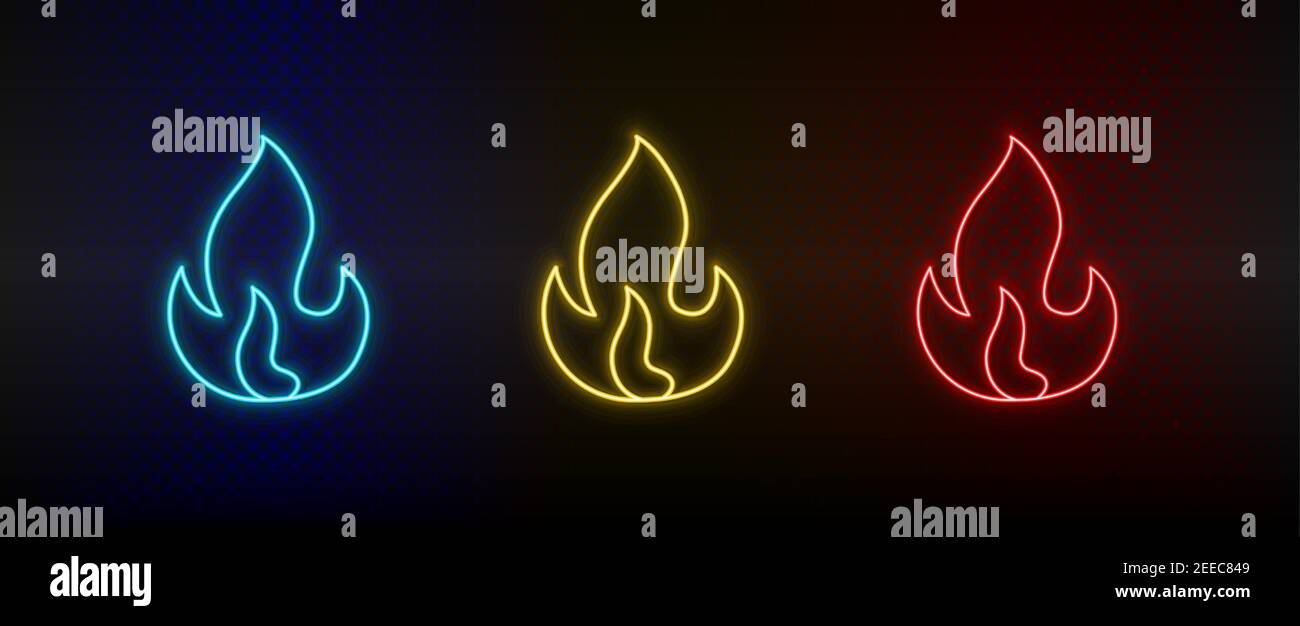 Neon icon set burning, fire. Set of red, blue, yellow neon vector icon ...
