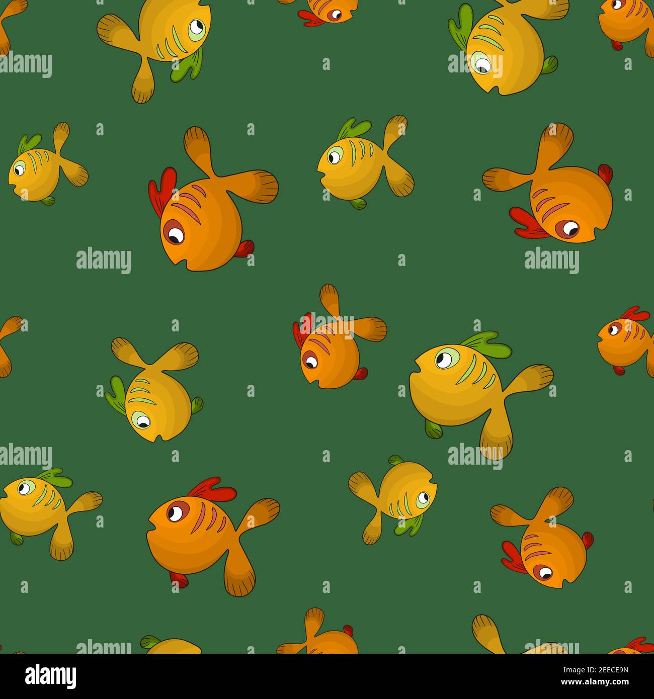 Seamless pattern with cute fish on green background. Vector cartoon ...