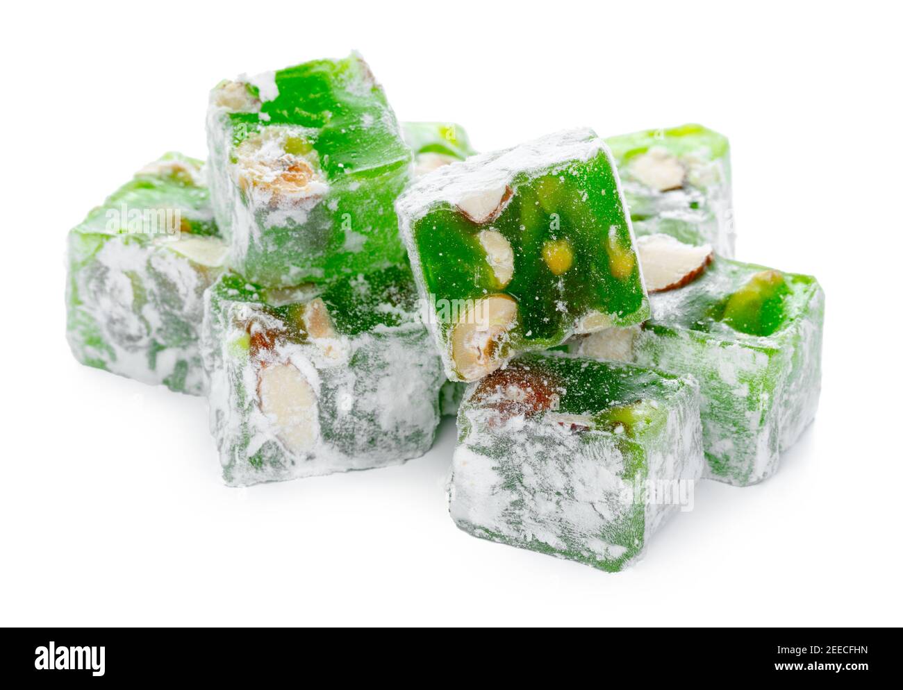 Close up of green Turkish delight sweets isolated on white Stock Photo ...