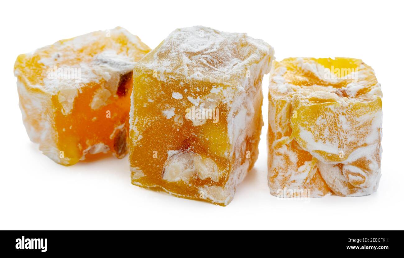 Yellow Turkish Delight sweets isolated on white Stock Photo - Alamy