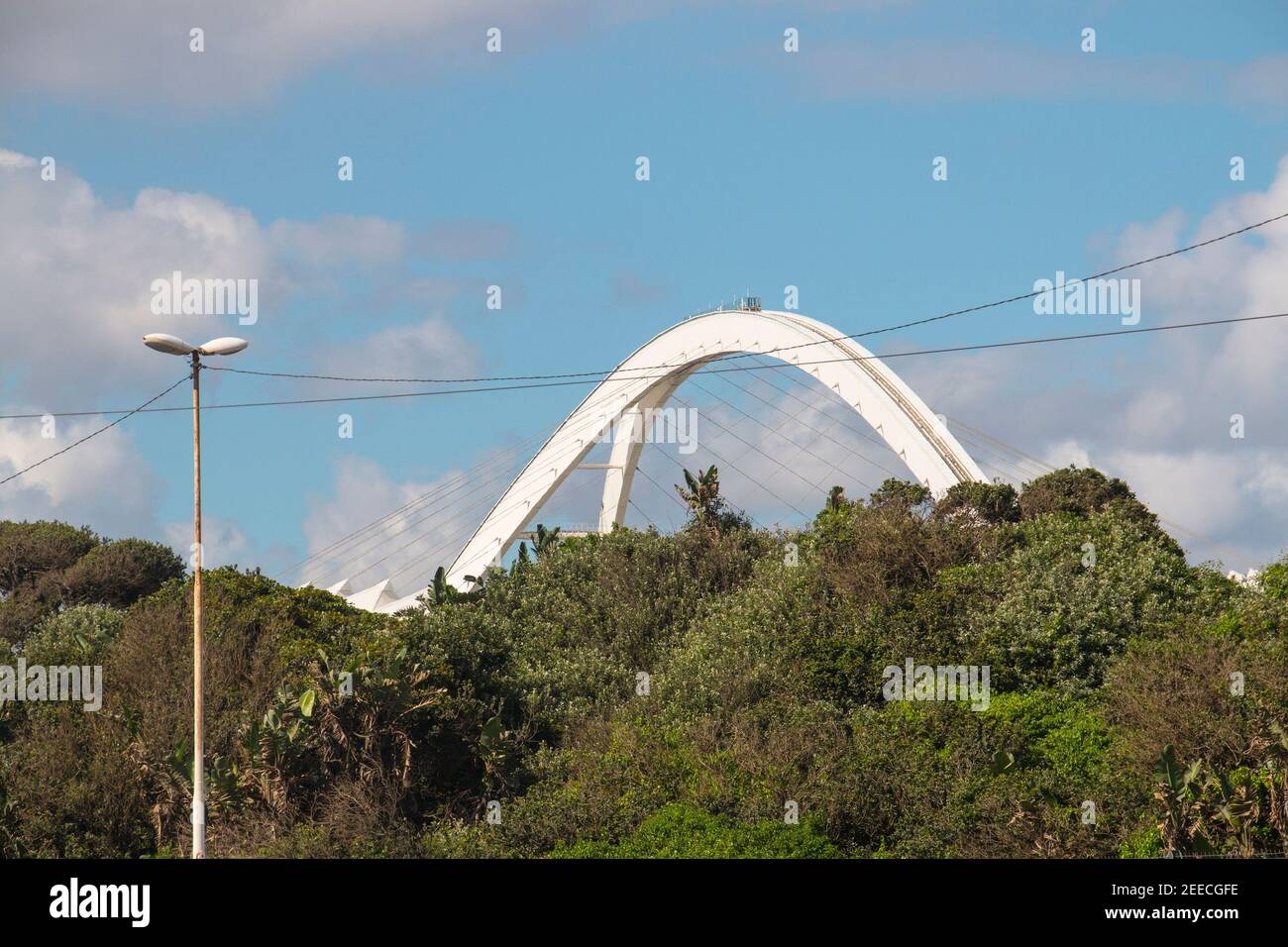 Arch of the moses mabhida stadium appearing through green vegetation ...