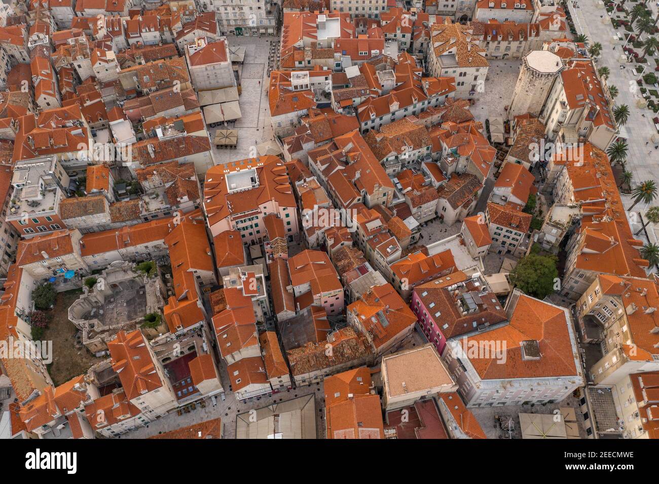 Aerial drone west side view of Diocletian Palace by riva in Split old ...