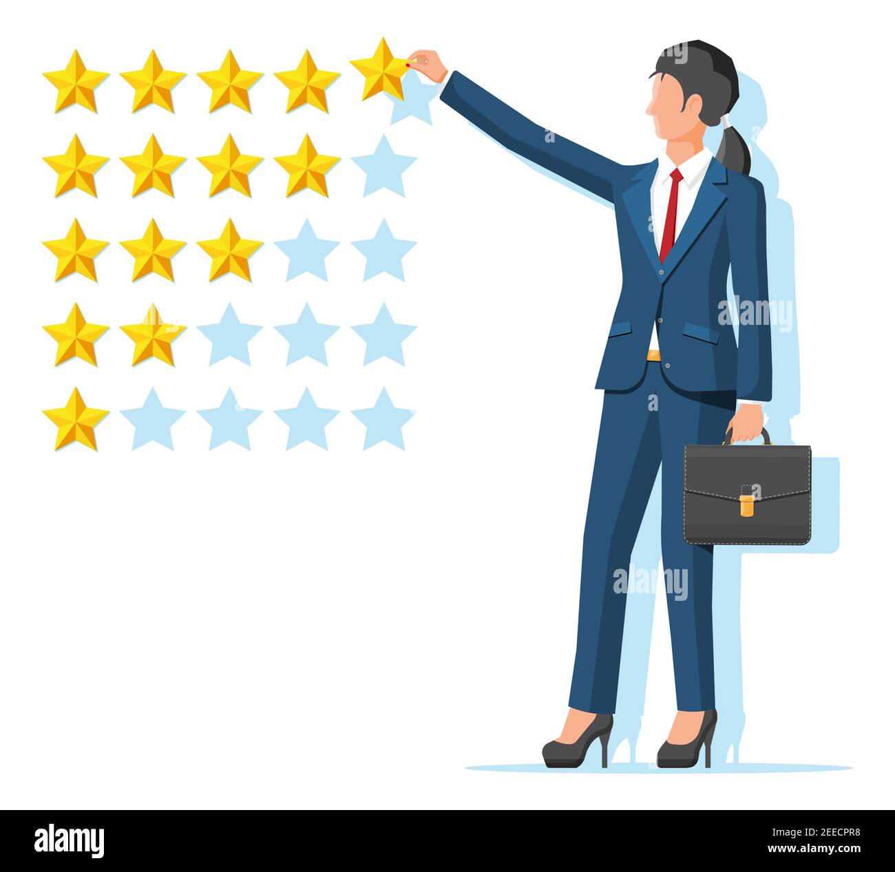 Businesswoman puts rating. Reviews five stars. Testimonials, rating ...