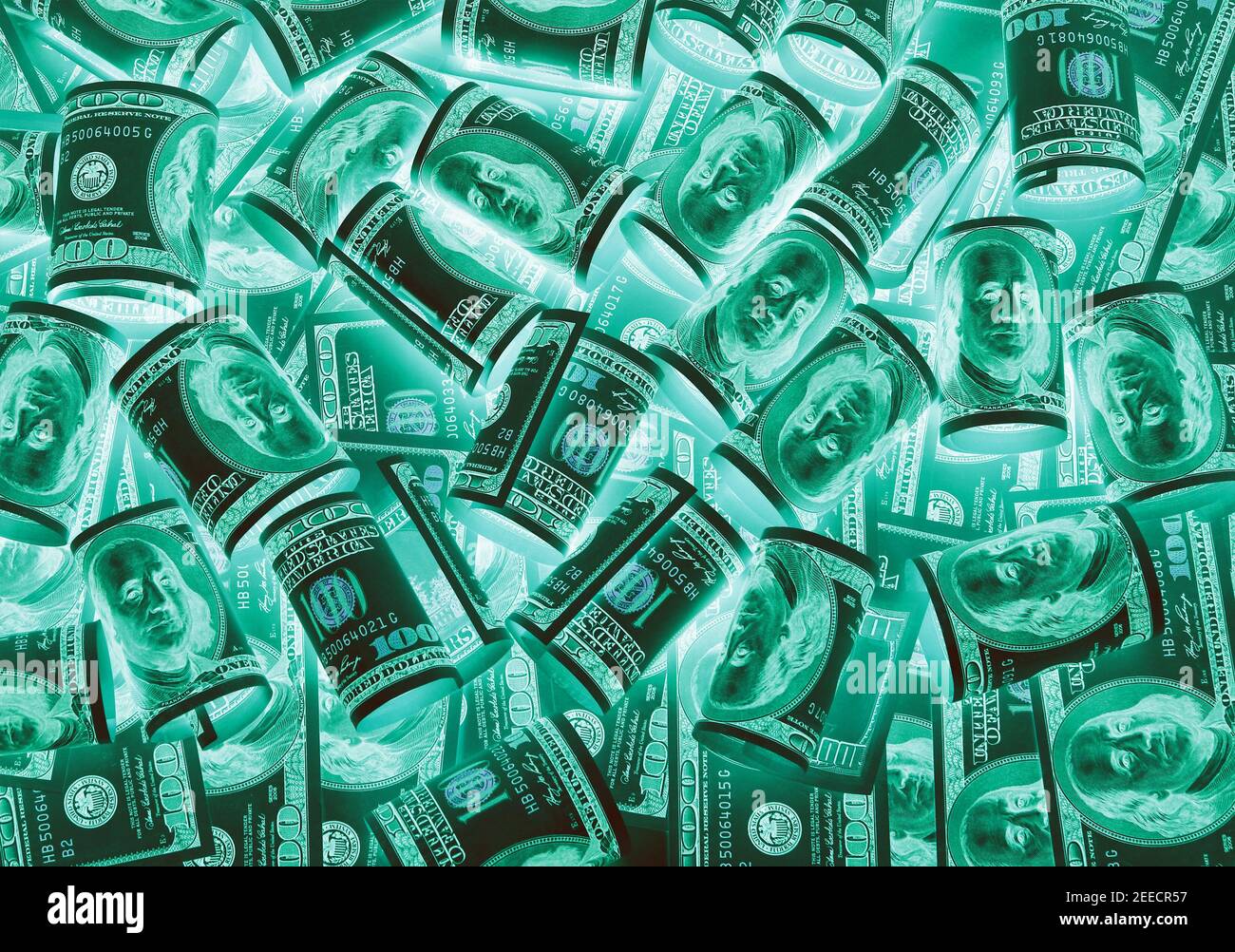 One hundred dollar bills (banknotes ) close up, U.S. currency-- in UV ...