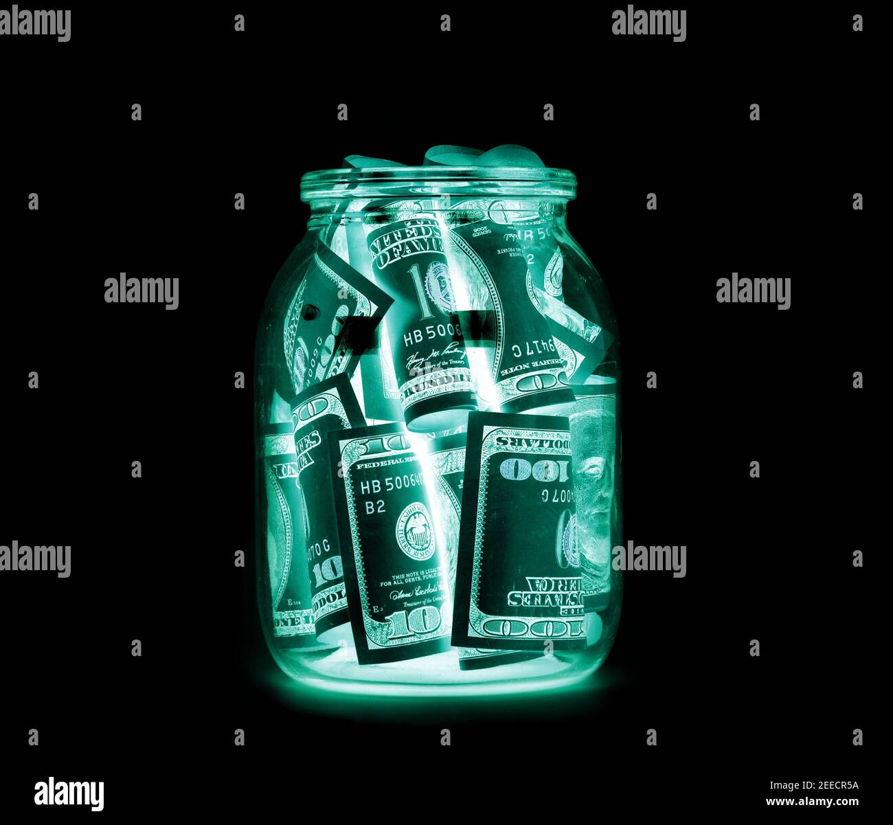 One hundred dollar bills (banknotes ) close up, U.S. currency-- in UV ...