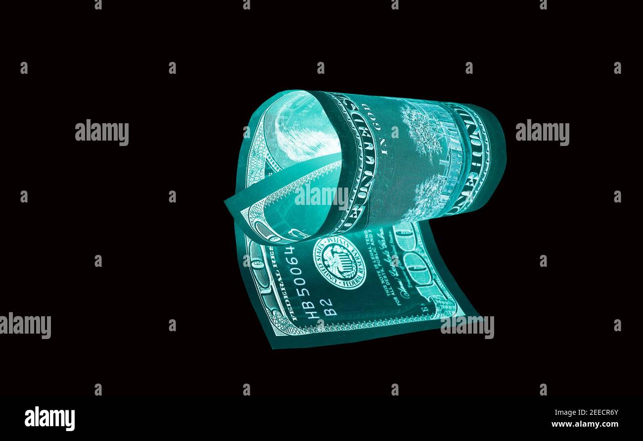 One hundred dollar bills (banknotes ) close up, U.S. currency-- in UV ...