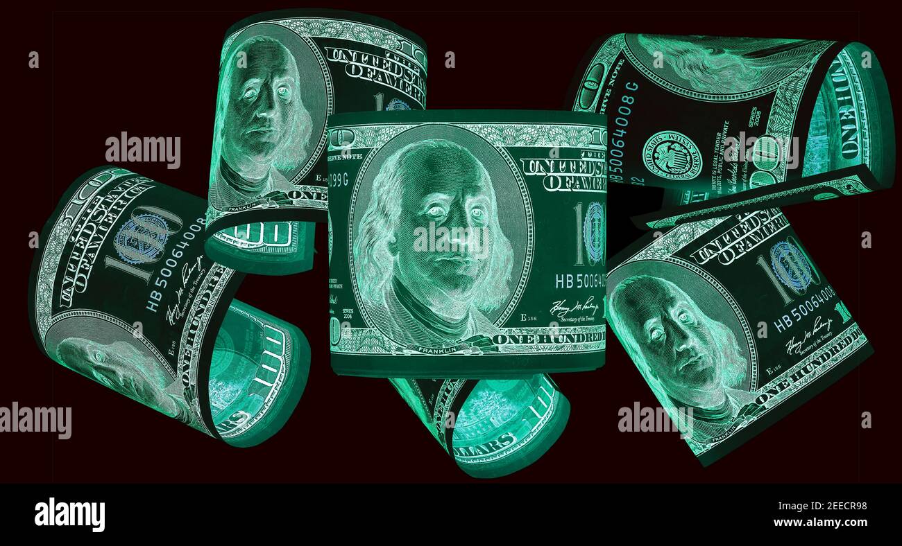 One hundred dollar bills (banknotes ) close up, U.S. currency-- in UV ...