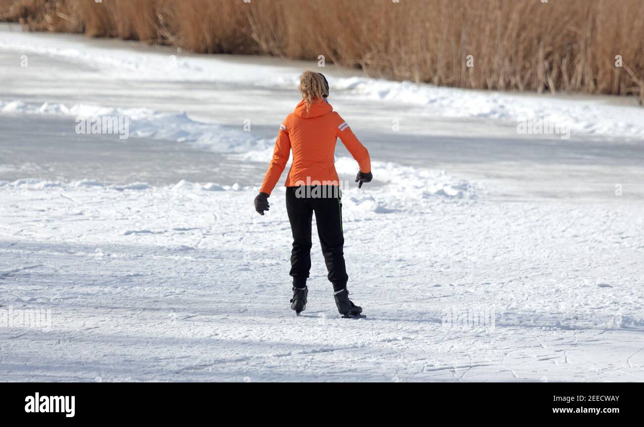 Female skating on natural ice, winter in the Netherlands Stock Photo ...