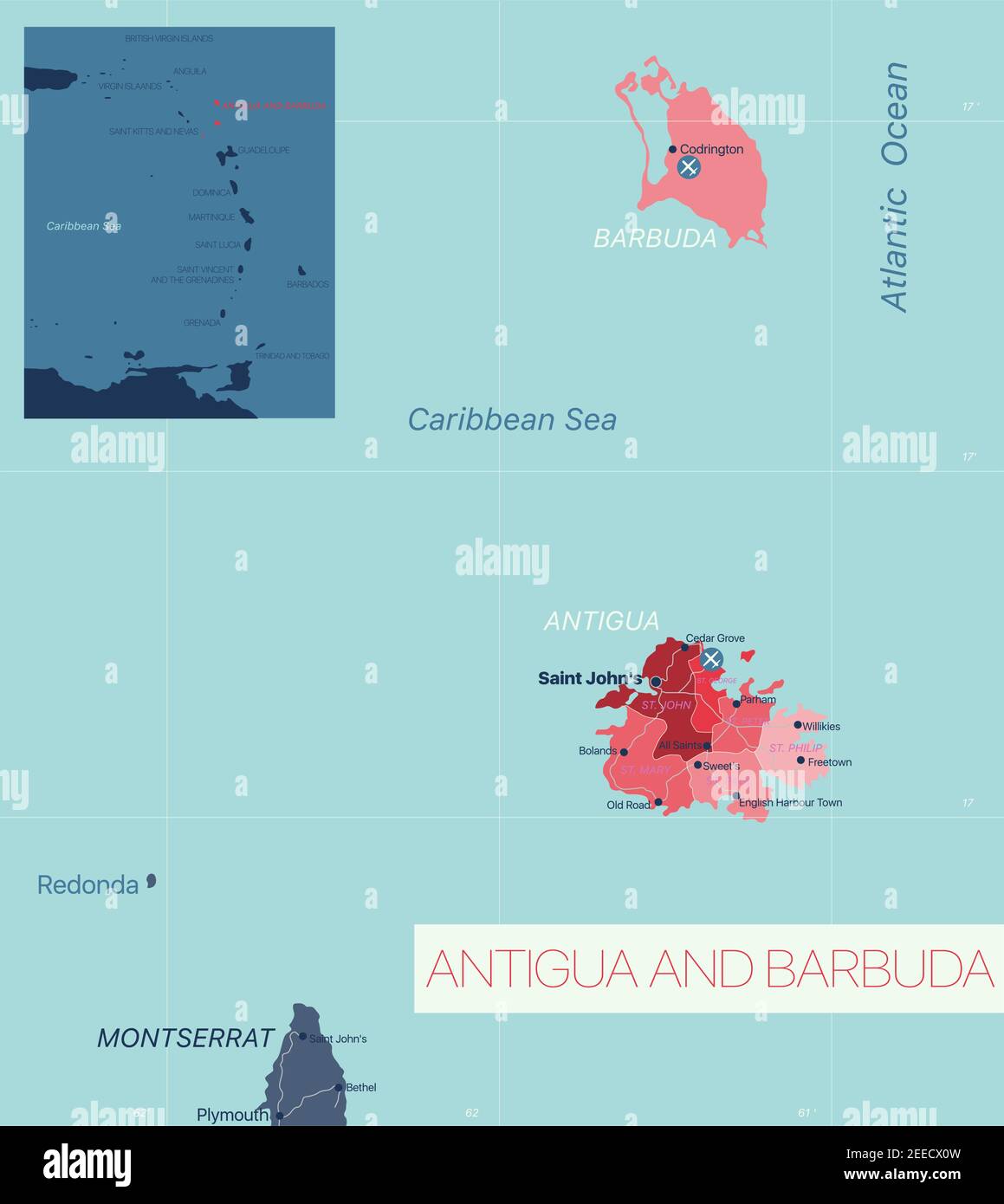 Antigua and Barbuda detailed editable map with regions cities and towns, roads and railways ...