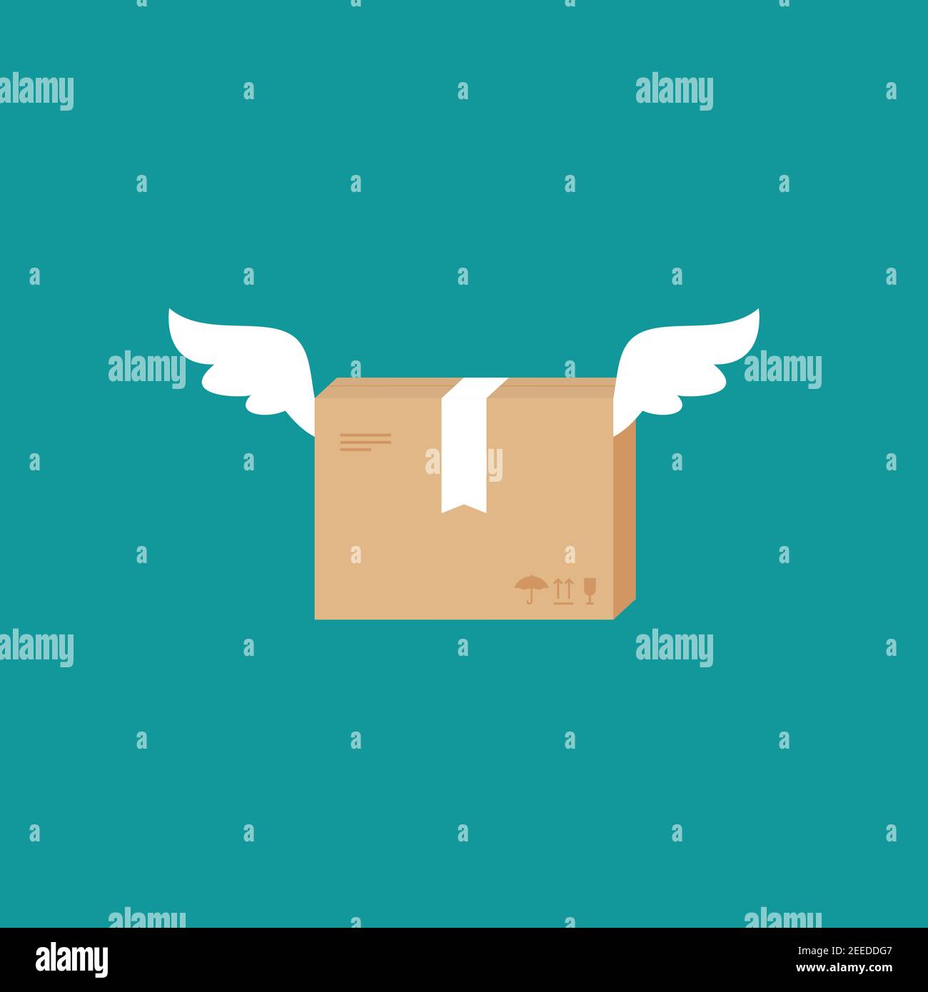 Flying parcel with wings icon isolated on blue. Fast delivery concept ...