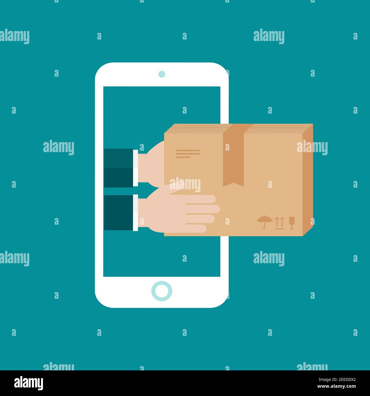 Courier hands gives parcel to customer on smartphone screen. Online ...