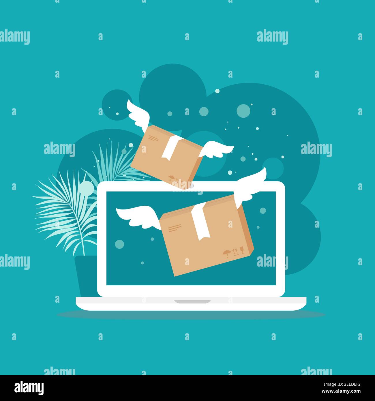 Flying parcels with wings on computer screen. Fast delivery concept ...