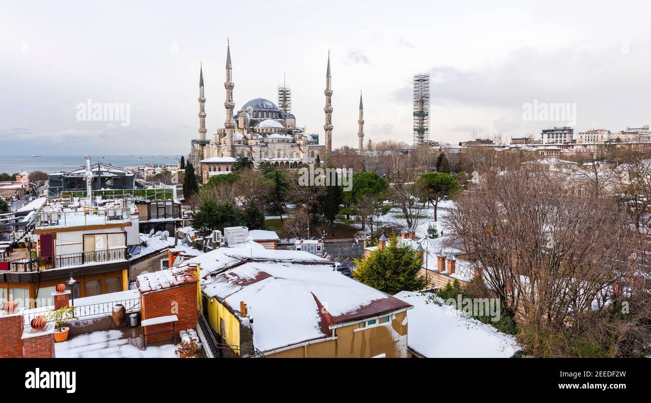 Snowy day in Sultanahmet Square. ISTANBUL, TURKEY. Snowy landscape with ...