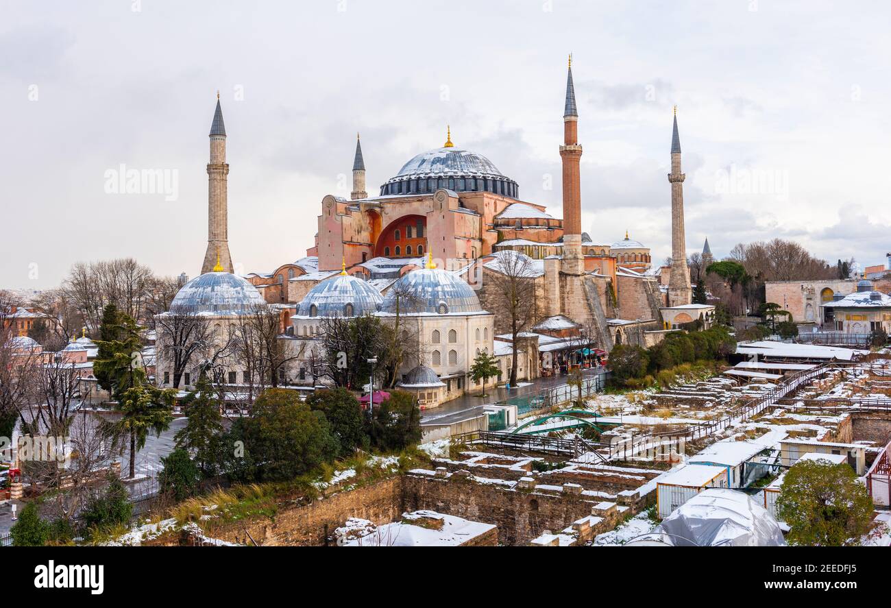 Snowy day in Sultanahmet Square. ISTANBUL, TURKEY. Snowy landscape with ...