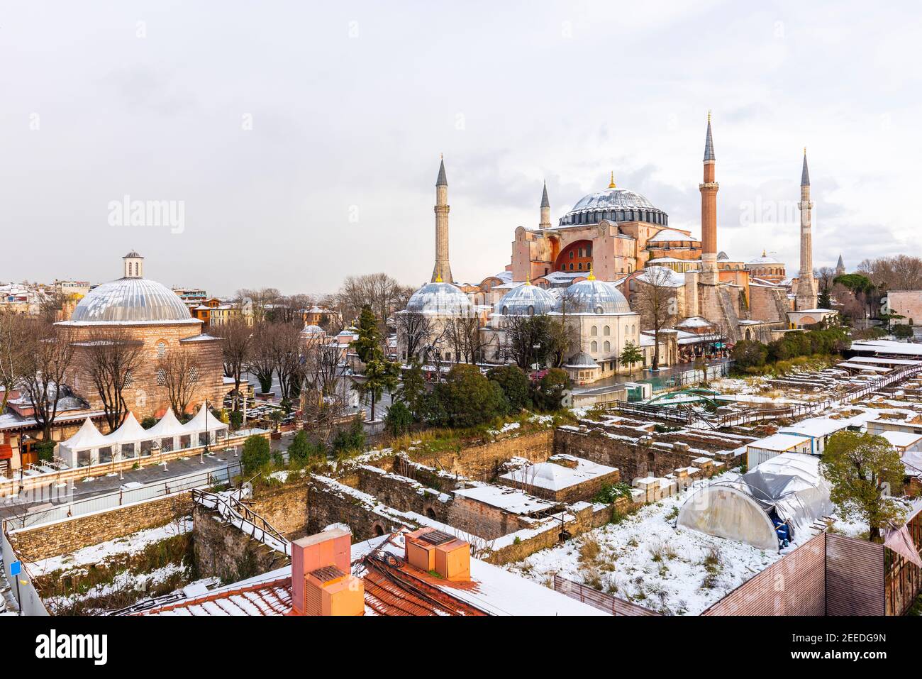 Snowy day in Sultanahmet Square. ISTANBUL, TURKEY. Snowy landscape with ...