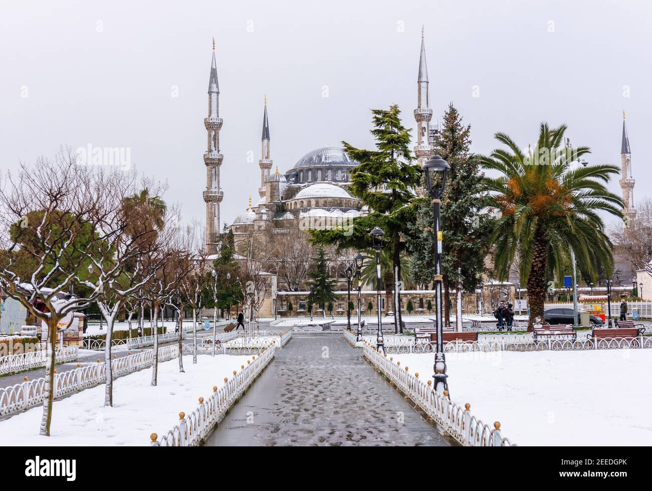 Snowy day in Sultanahmet Square. ISTANBUL, TURKEY. Snowy landscape with ...