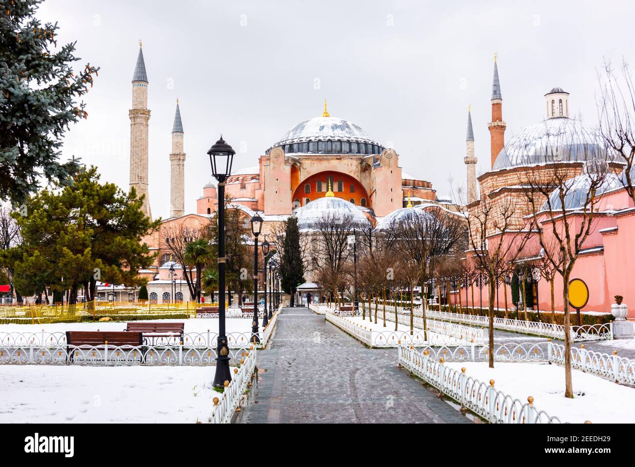 Snowy day in Sultanahmet Square. ISTANBUL, TURKEY. Snowy landscape with ...