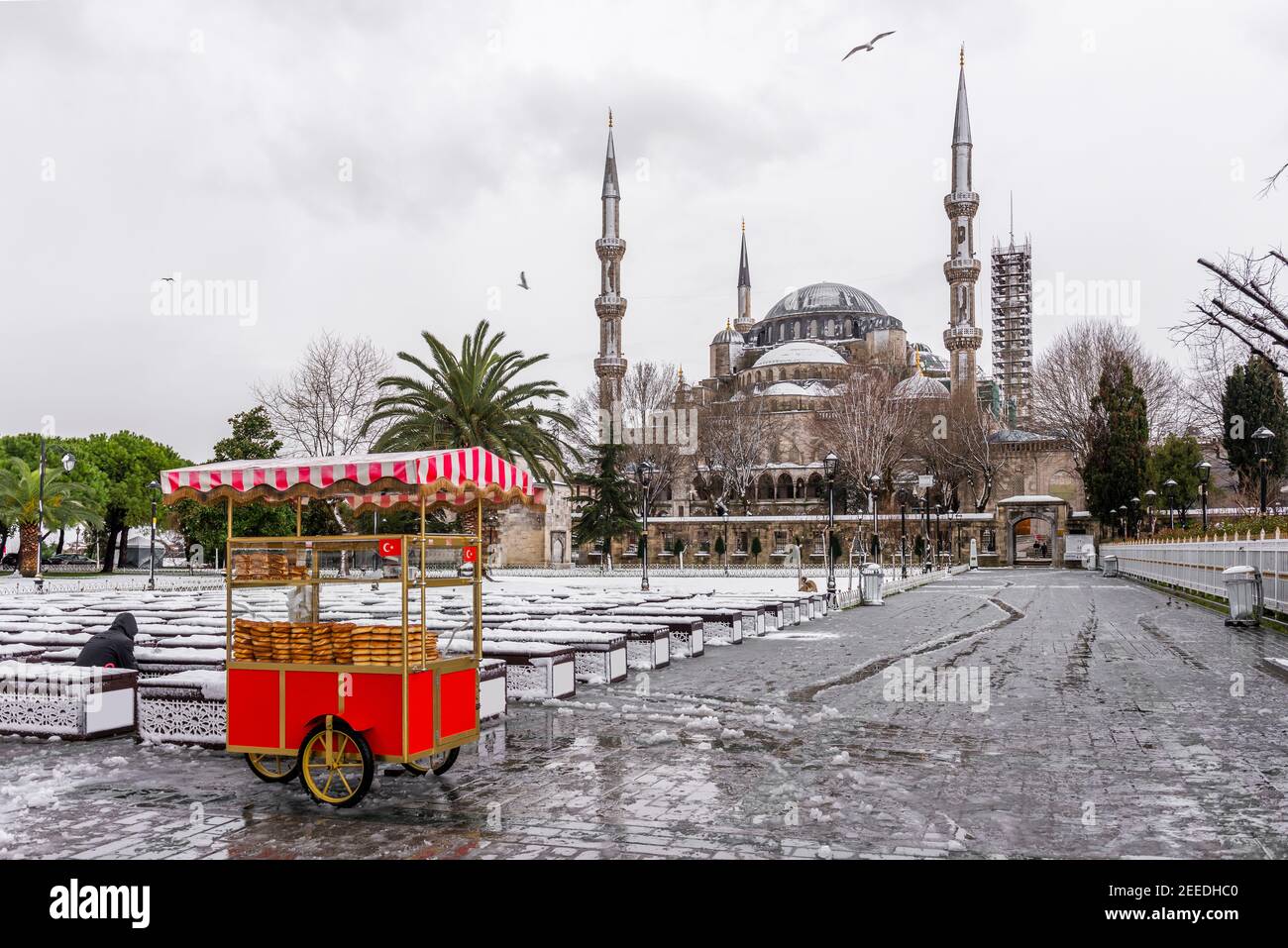 Snowy day in Sultanahmet Square. ISTANBUL, TURKEY. Snowy landscape with ...