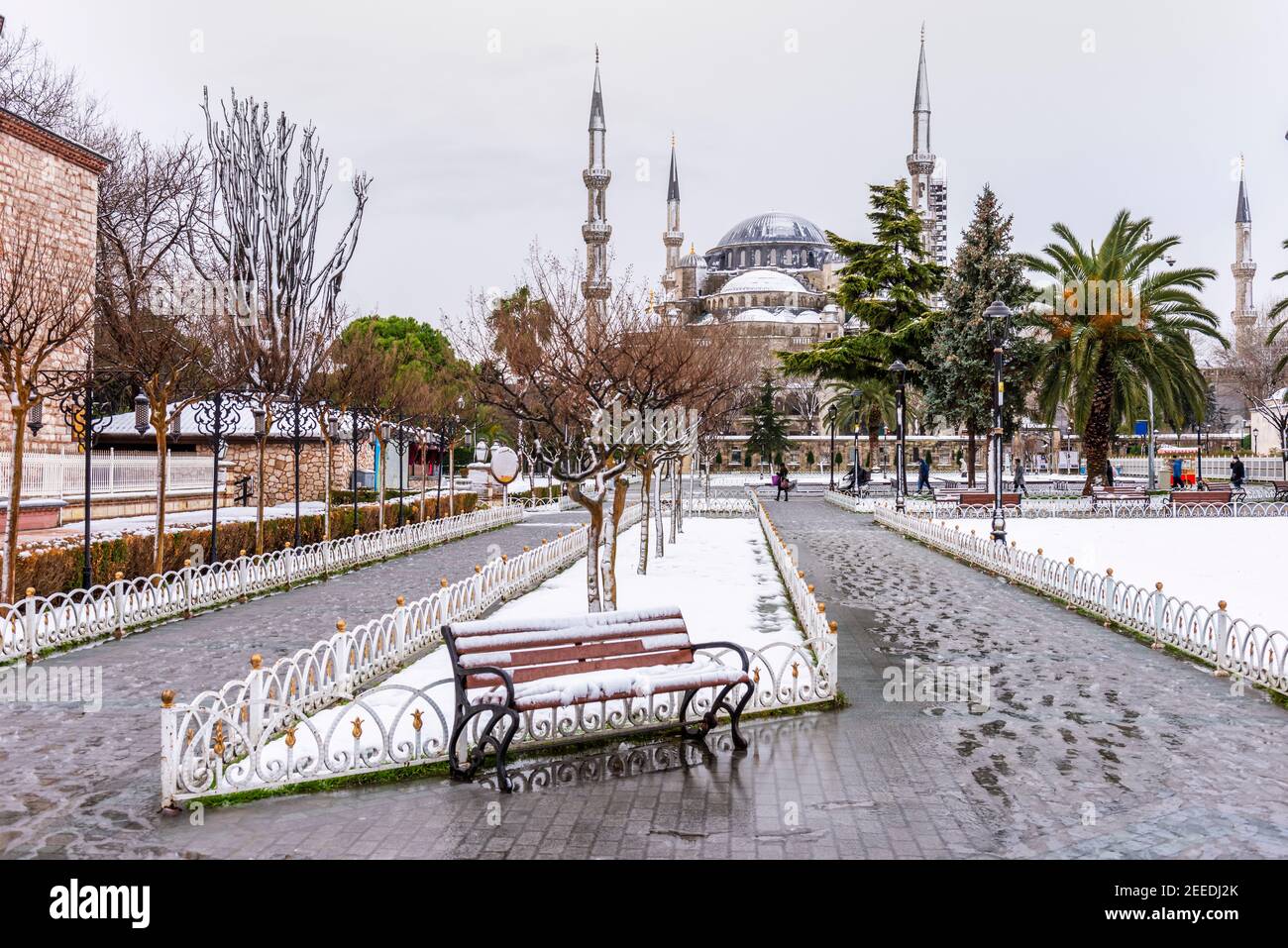 Snowy day in Sultanahmet Square. ISTANBUL, TURKEY. Snowy landscape with ...