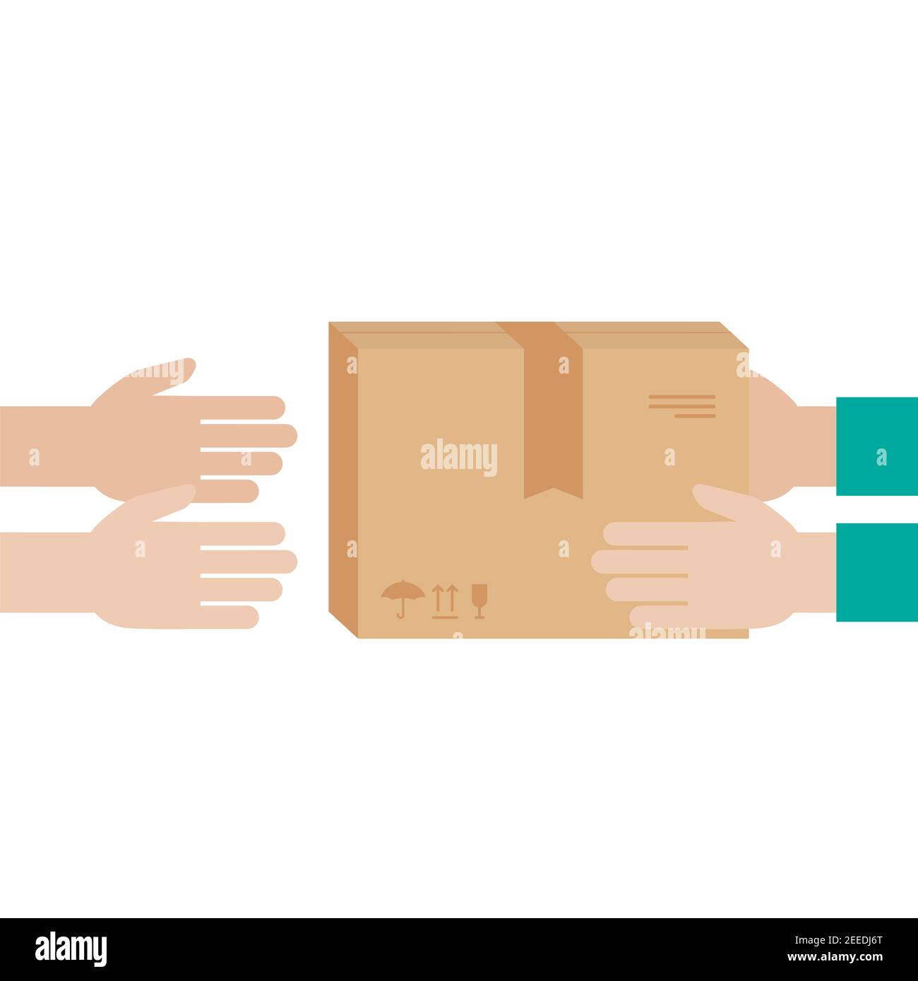 Courier hands gives parcel to customer. isolated on white. Delivery box ...