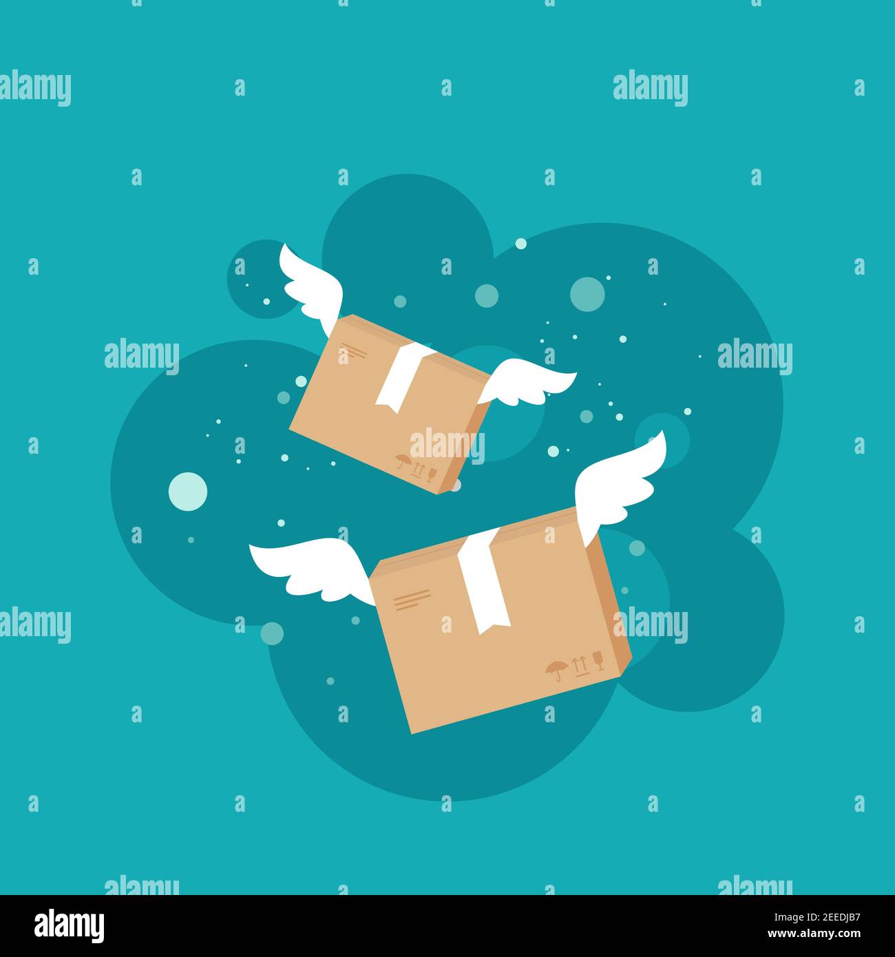 Flying parcel with wings icon isolated on blue. Fast delivery concept ...