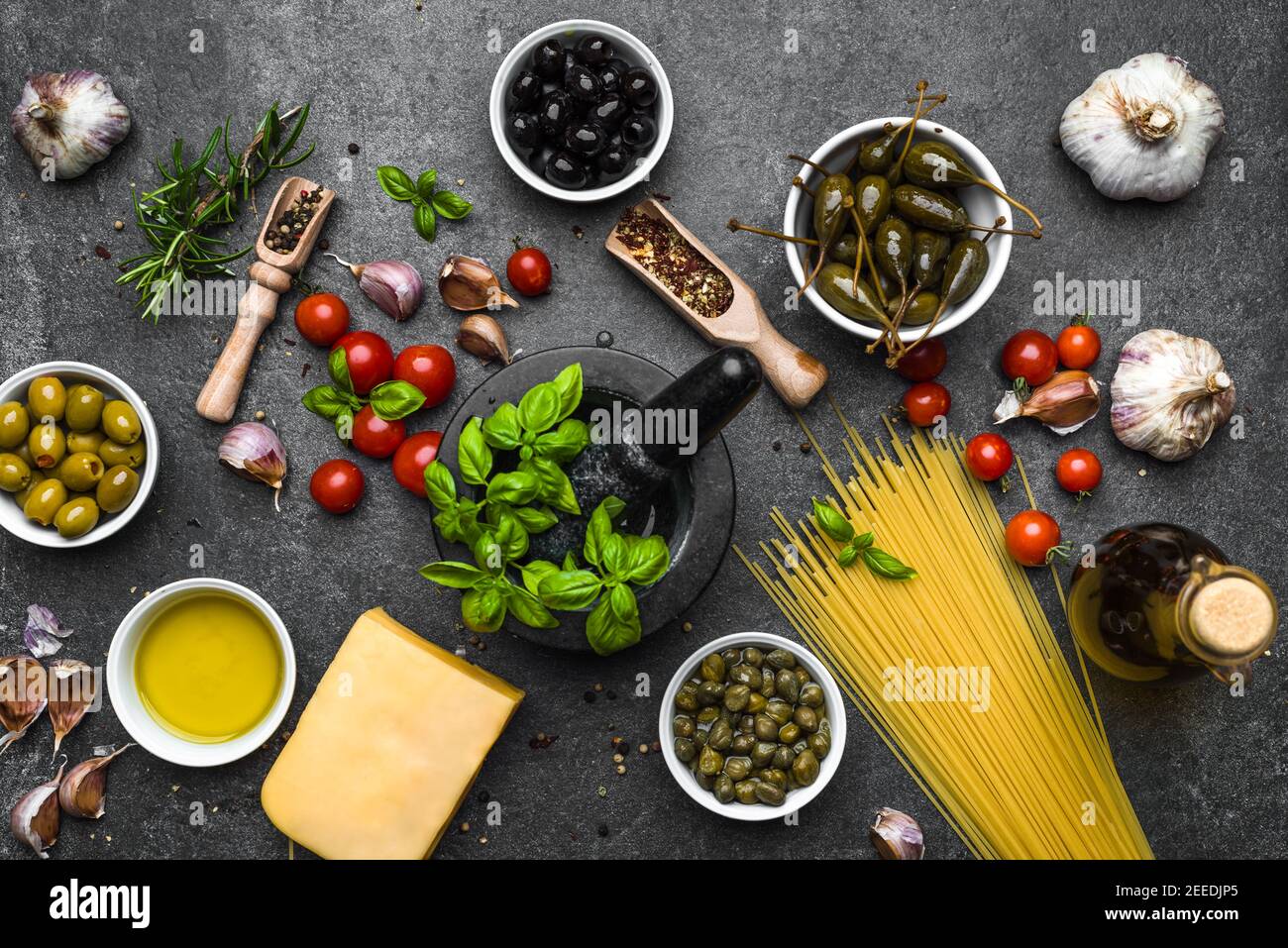 Fresh ingredients of italian food, mediterranean diet, background Stock ...