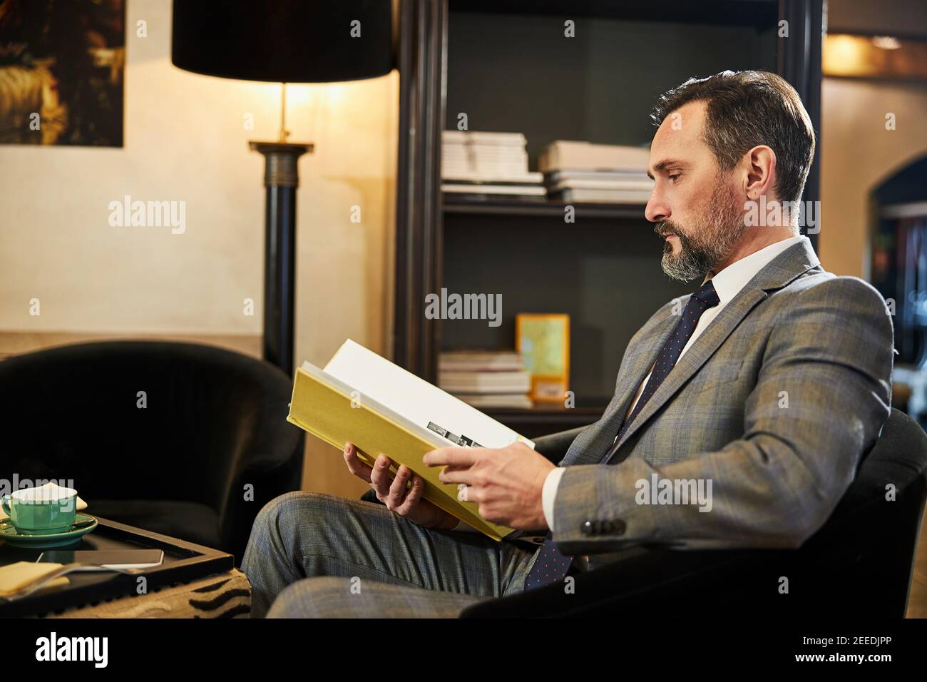 Elegant man reading a book in cozy lounge Stock Photo - Alamy