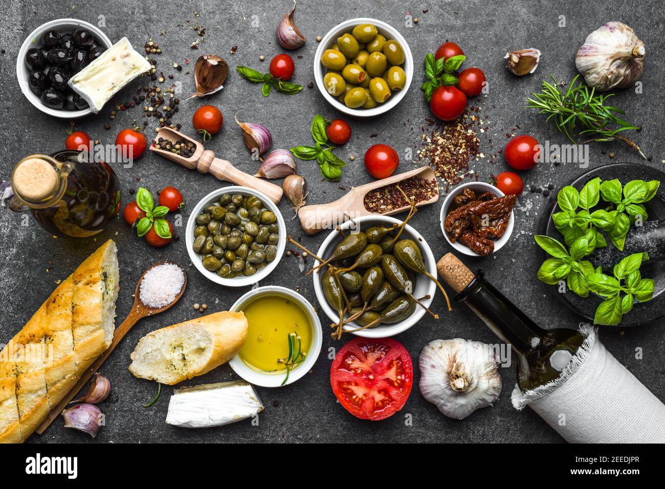 Fresh ingredients of italian food, mediterranean diet, background Stock ...