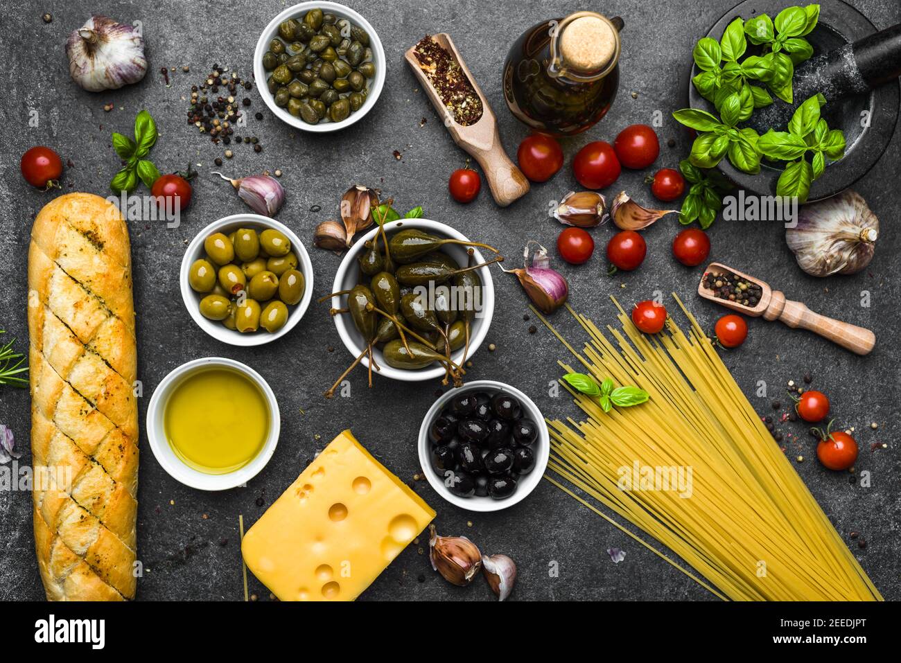 Fresh ingredients of italian food, mediterranean diet, background Stock ...