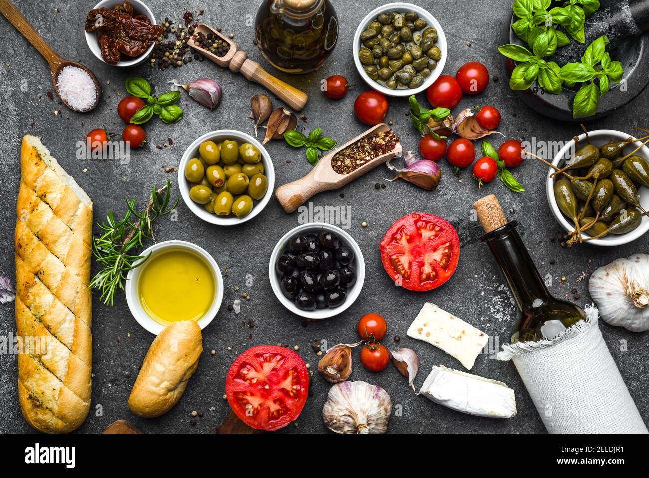 Fresh ingredients of italian food, mediterranean diet, background Stock ...
