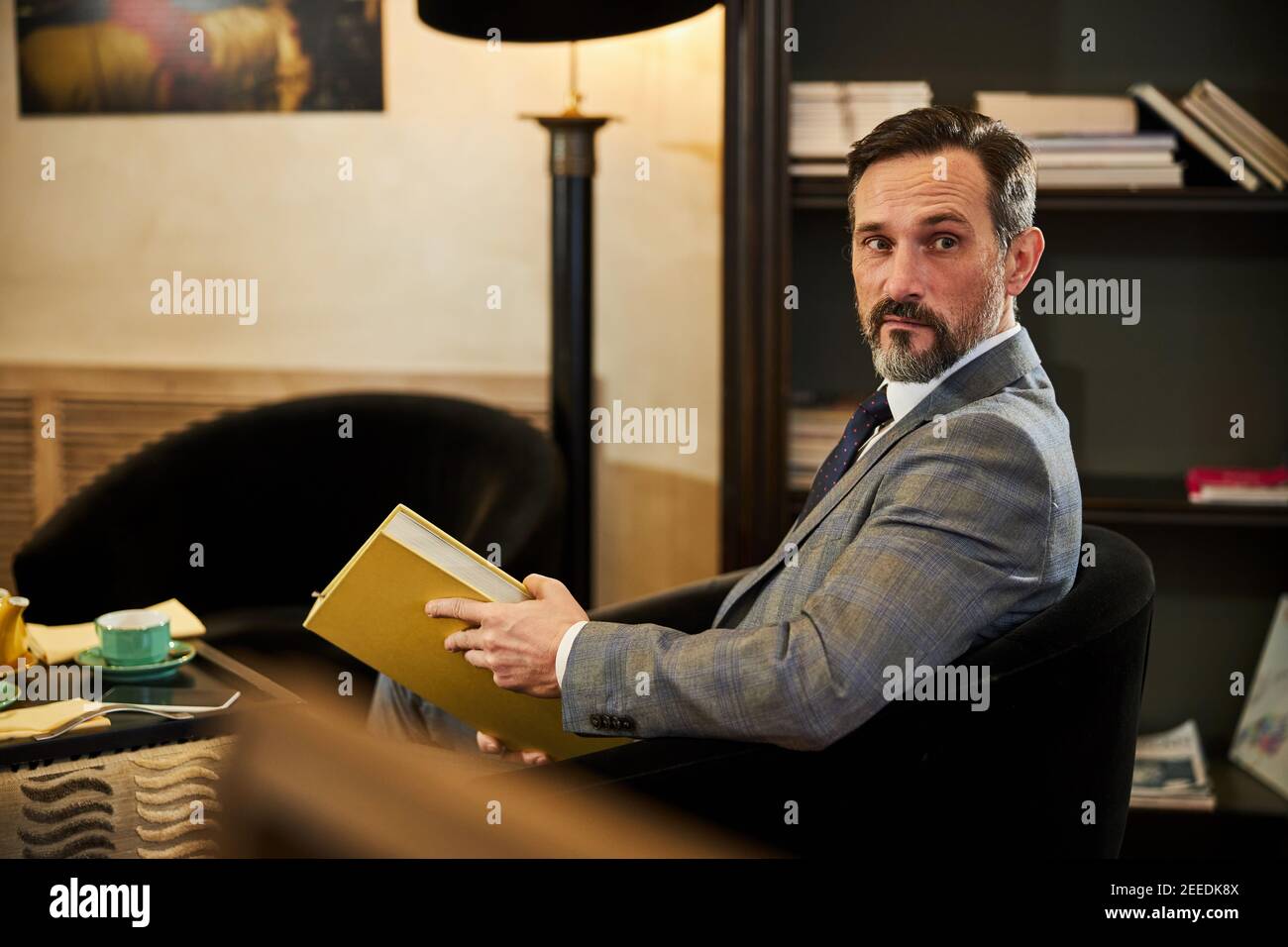 Bearded gentleman looking interested while lounging in armchair Stock ...