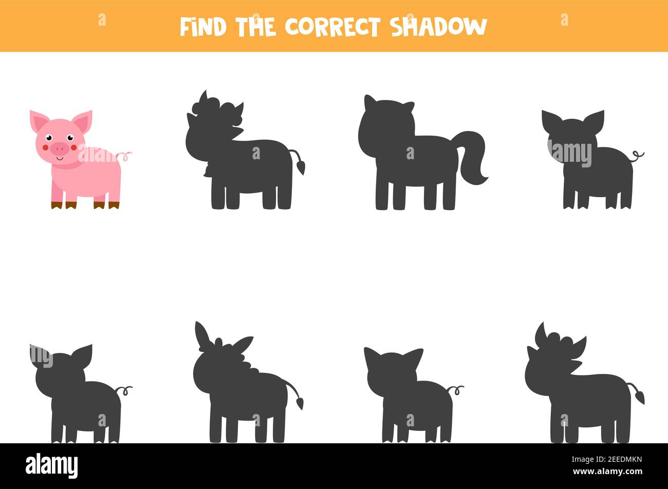 Find the correct shadow of farm pig. Educational logical game for kids ...